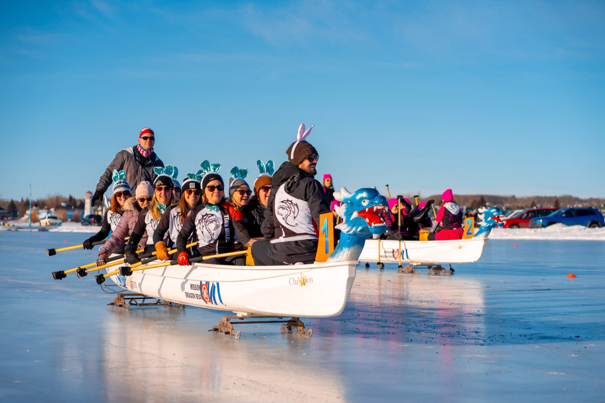 A little ice won't stop these Alberta dragon boaters at Sylvan Lake